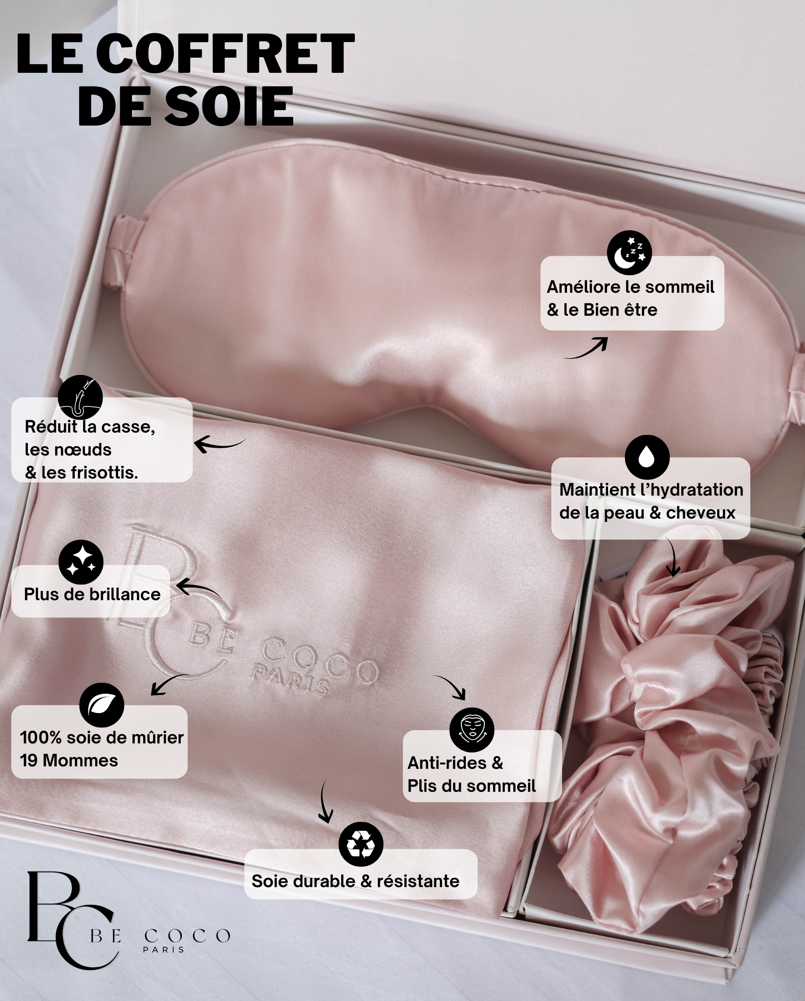 Taie d'Oreiller, Masque, Chouchou et elastique en soie : Le coffret ...